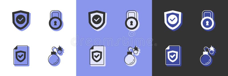 Set Bomb, Shield with Check Mark, Contract Shield and Lock Icon. Vector ...