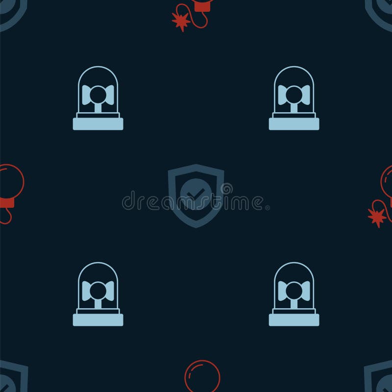 Set Bomb, Shield with Check Mark and Ringing Alarm Bell on Seamless ...
