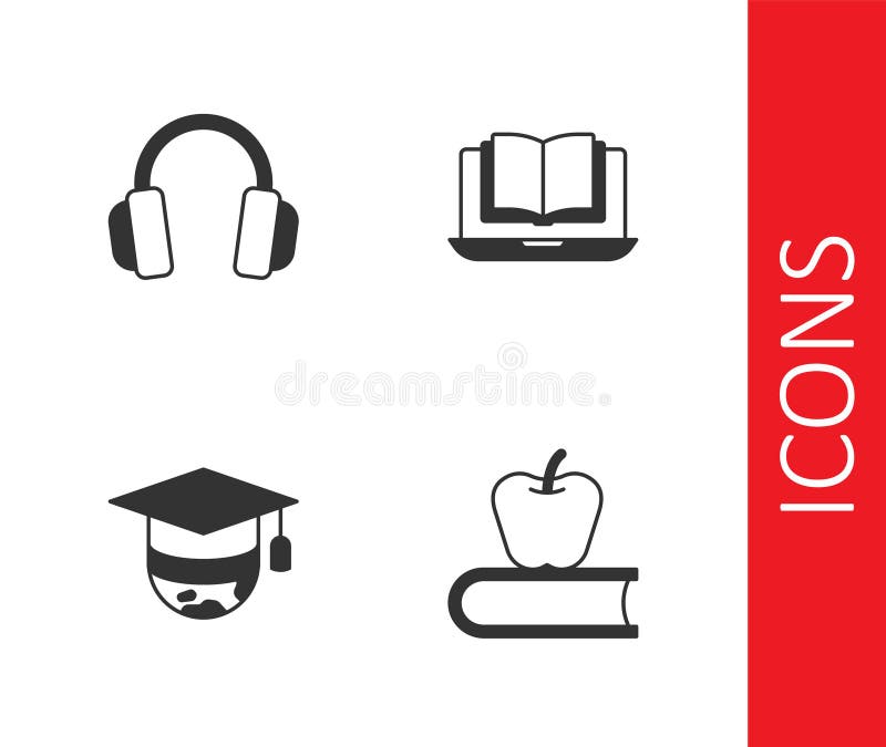 Set Book with Apple, Headphones, Graduation Cap Globe and Online Class ...