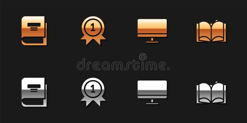 Set Book, Medal, Computer Monitor Screen and Open Book Icon. Vector ...