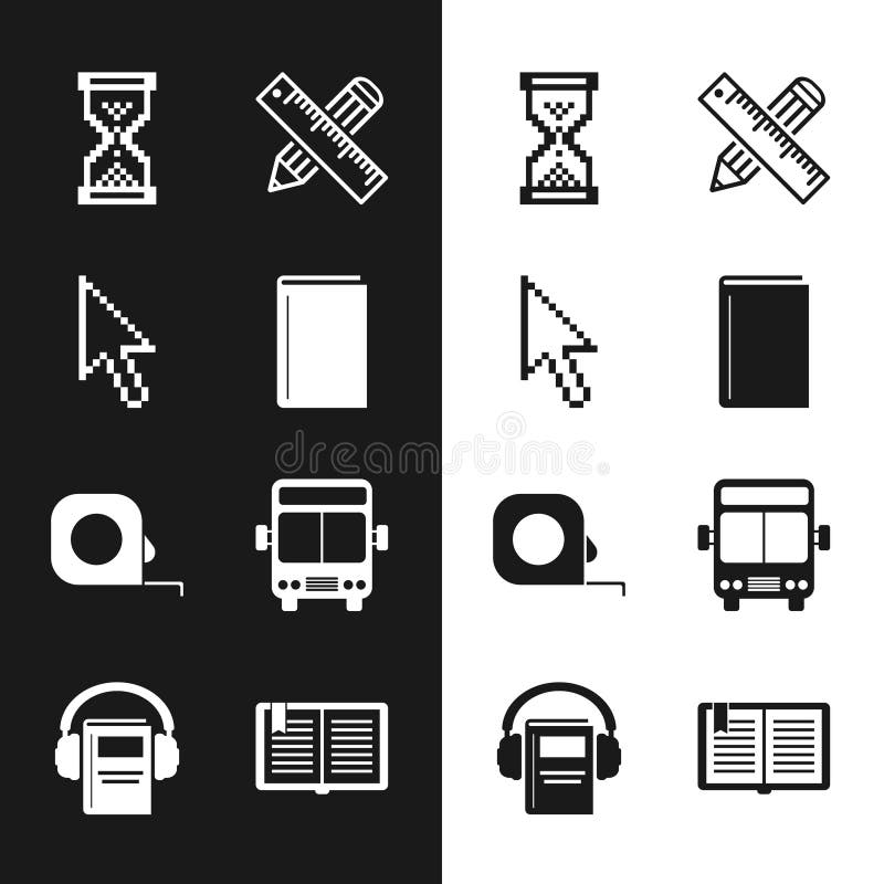 Set Book, Pixel Arrow Cursor, Hourglass Pixel, Crossed Ruler and Pencil ... Set Book, Pixel Arrow Cursor, Hourglass Pixel, Crossed Ruler and Pencil ...