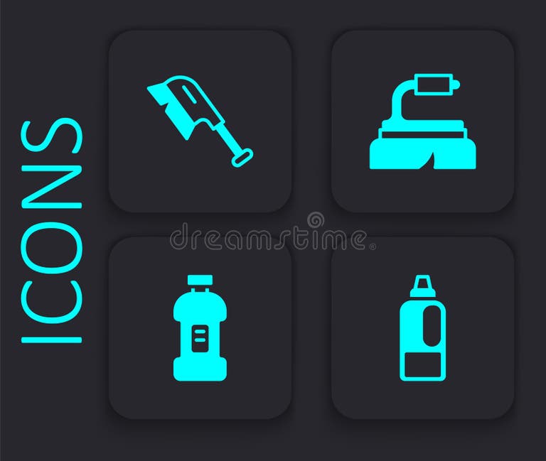 Set Bottle for Detergent, Brush Cleaning, and Icon. Black Square Button ...