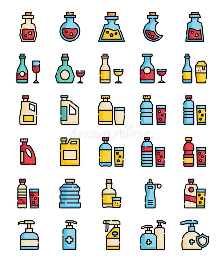 Set of Bottle Filled Outline Icons Set Stock Vector - Illustration of ...