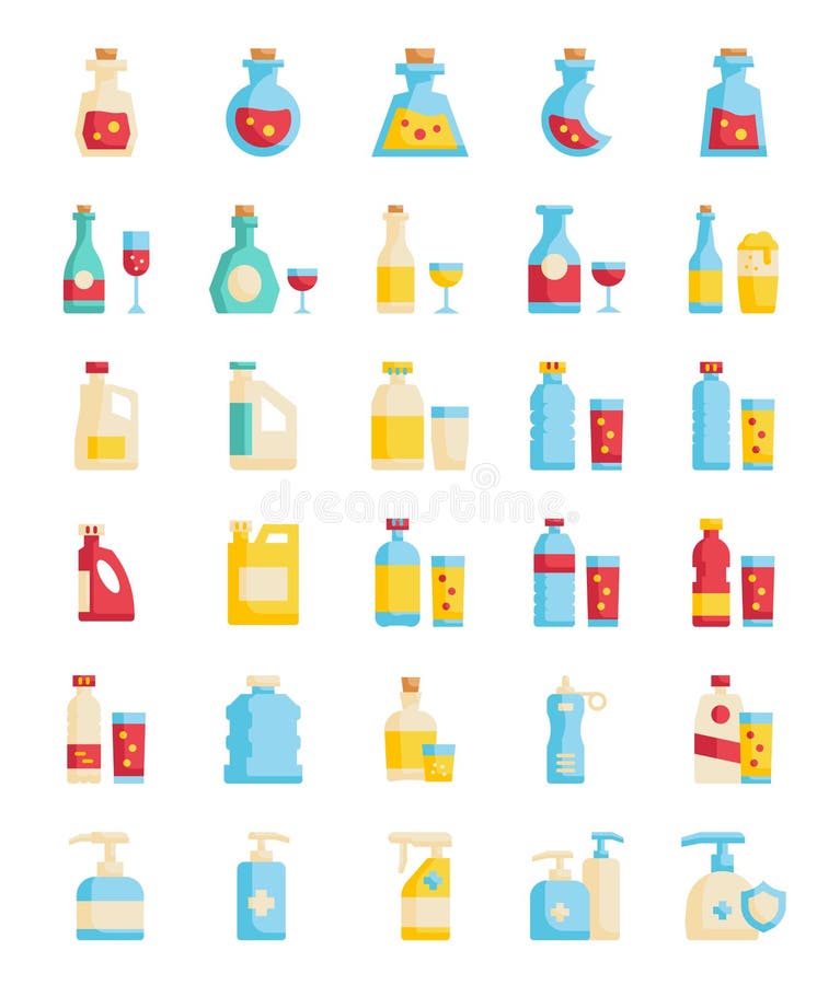 Set of Bottle Flat Icons Set Stock Vector - Illustration of filled ...