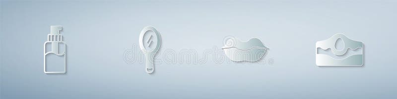 Set Bottle of Liquid Soap, Hand Mirror, Smiling Lips and Acne. Paper ...