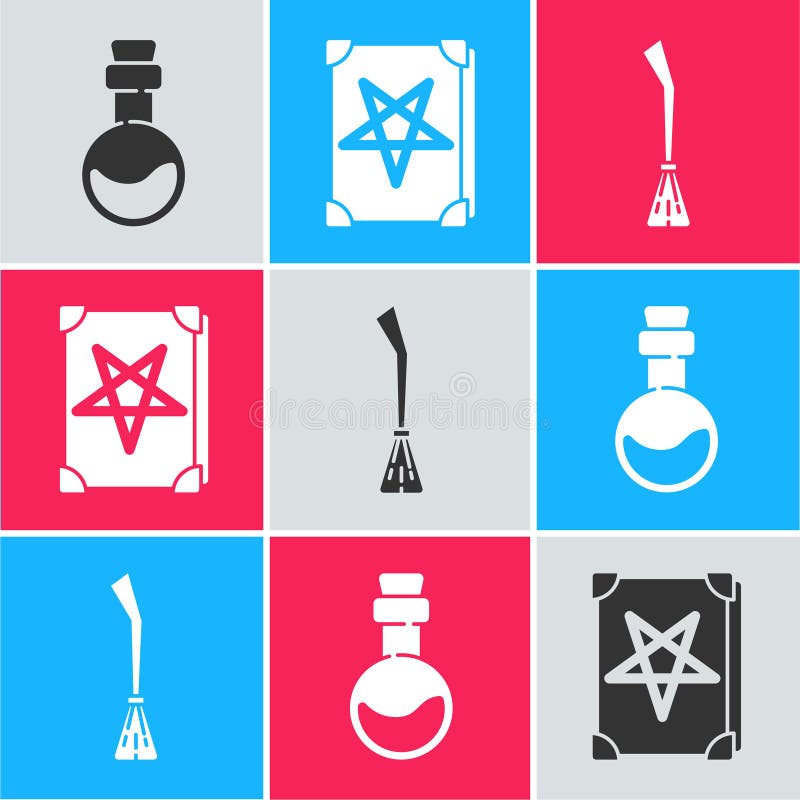Set Bottle with Love Potion, Ancient Magic Book and Witches Broom Icon ...
