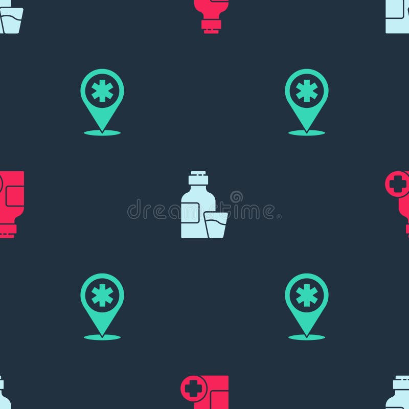 Set Bottle of Medicine Syrup, and Map Pointer with Cross Hospital on ...