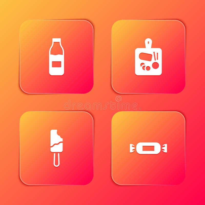 Set Bottle with Milk, Cutting Board, Ice Cream and Candy Icon. Vector ...