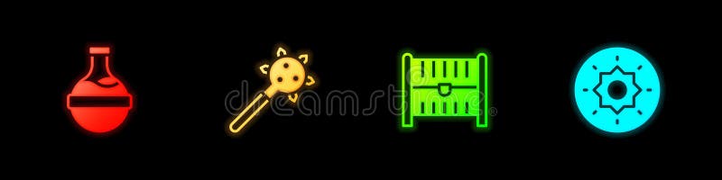 Set Bottle with Potion, Mace Spikes, Antique Treasure Chest and Shield ...