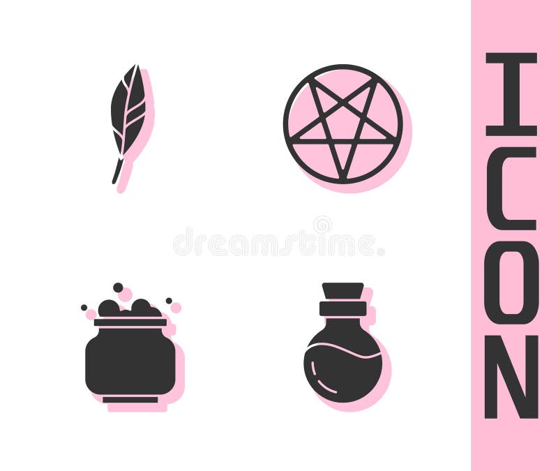 Set Bottle with Potion, Magic Feather, Witch Cauldron and Pentagram in ...