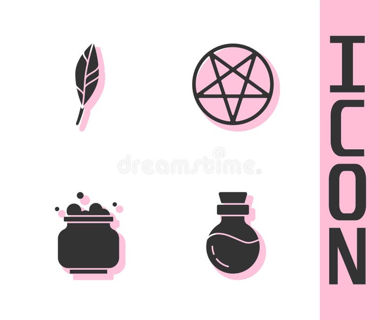 Set Bottle with Potion, Magic Feather, Witch Cauldron and Pentagram in ...