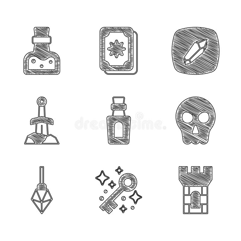 Set Bottle with Potion, Old Magic Key, Castle Tower, Skull, Magic Stone ...