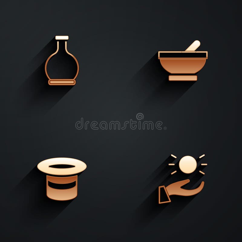 Set Bottle with Potion, Witch Cauldron, Magic Hat and Ball Levitating ...