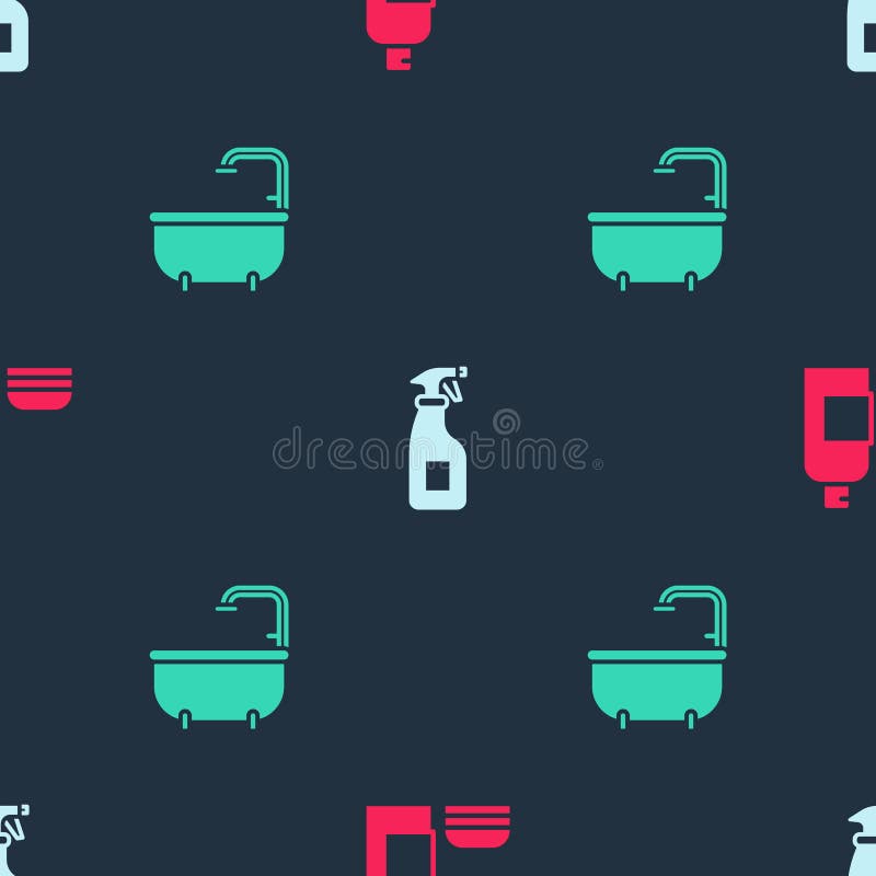 Set Bottle of Shampoo, Cleaning Spray Bottle and Bathtub on Seamless ...