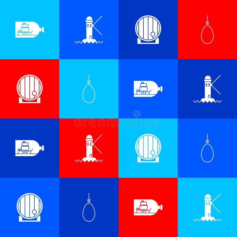 Set Bottle with Ship Inside, Lighthouse, Wooden Barrel and Gallows Rope ...