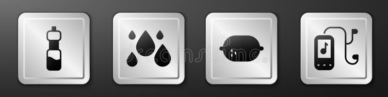 Set Bottle of Water, Water Drop, Lemon and Music Player Icon. Silver ...
