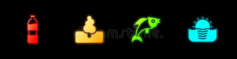 Set Bottle of Water, Tree, Fish and Sunrise Icon. Vector Stock Vector ...