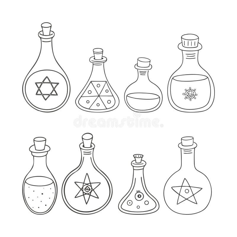 Set of Bottles and Flask with Magic Potions. Doodle Hand Drawn Stylized ...