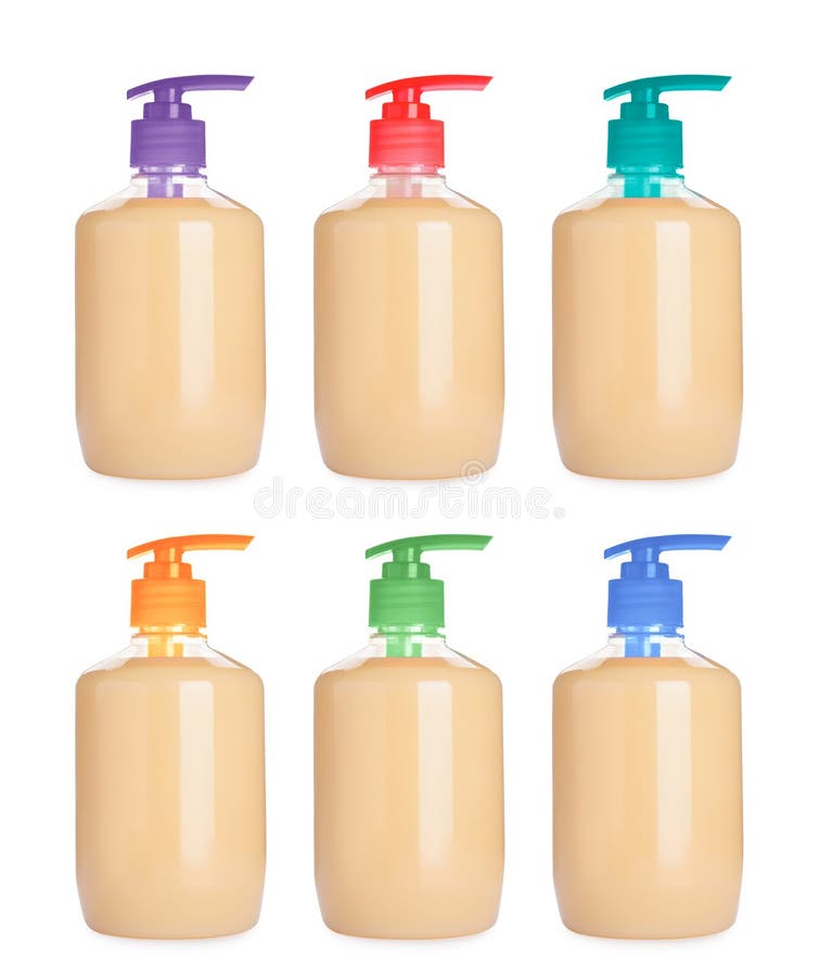 Set with Bottles of Liquid Soap on White Background Stock Illustration ...