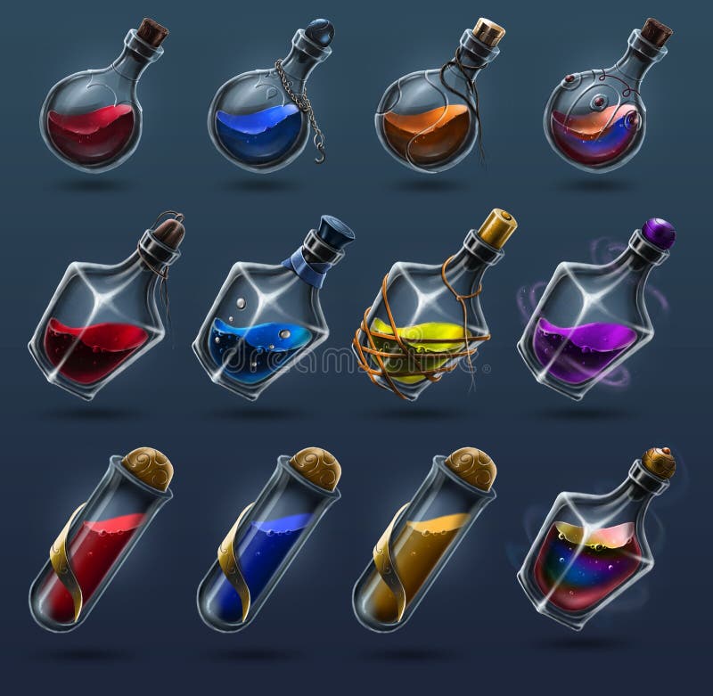 A Set of Bottles with a Magic Potion. Magic Elixir Game Icon. Digital ...