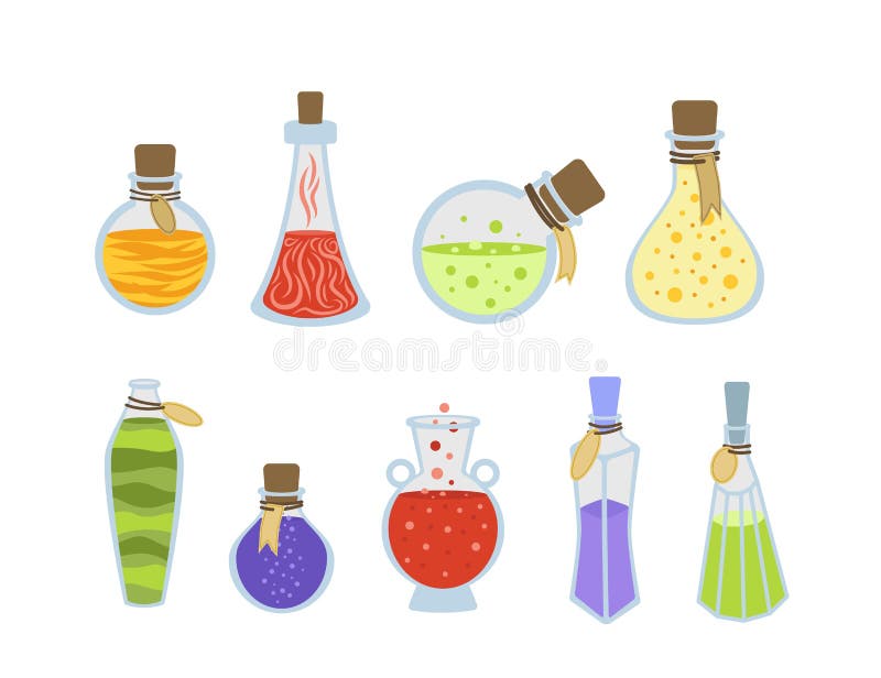 Set Bottles of Potion. Flat, Cartoon, Vector Stock Vector ...