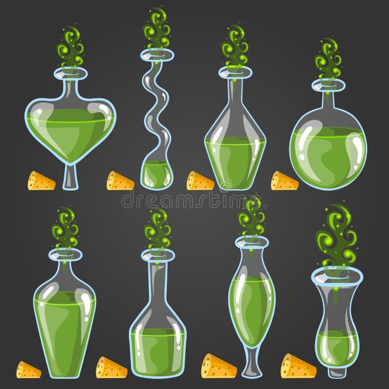 Set Bottles Of Potion With Magic Smoke Stock Vector - Illustration of ...
