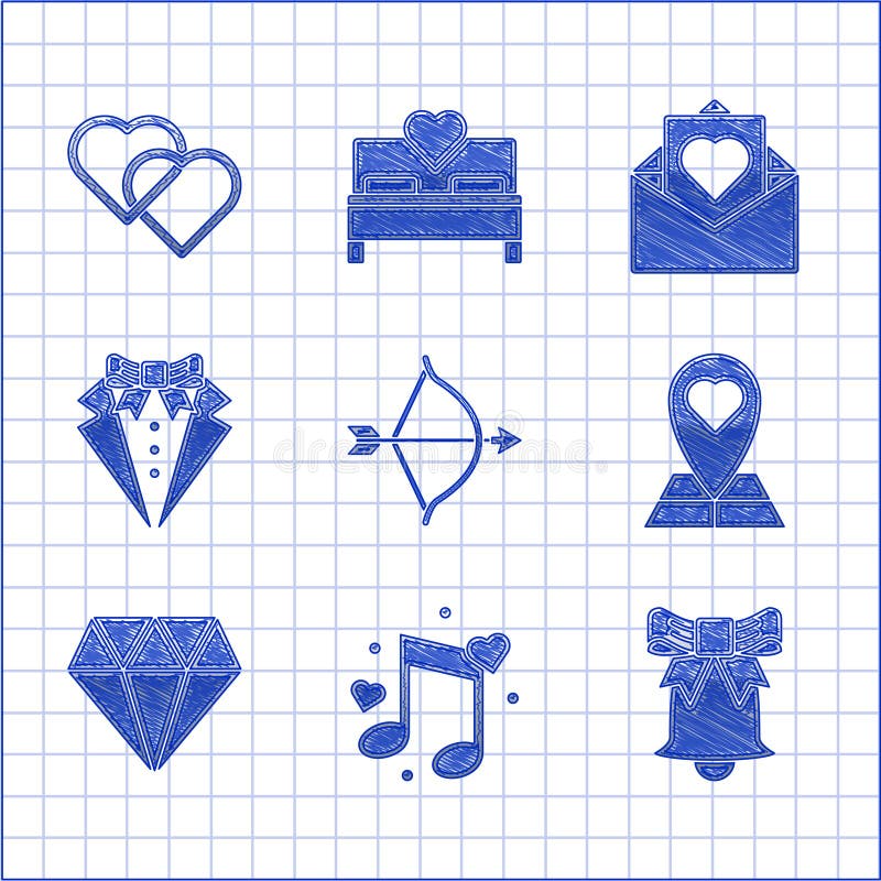 Set Bow and Arrow, Music Note, Tone with Hearts, Ringing Bell, Map ...