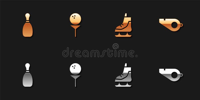 Set Bowling Pin, Golf Ball on Tee, Skates and Whistle Icon. Vector ...