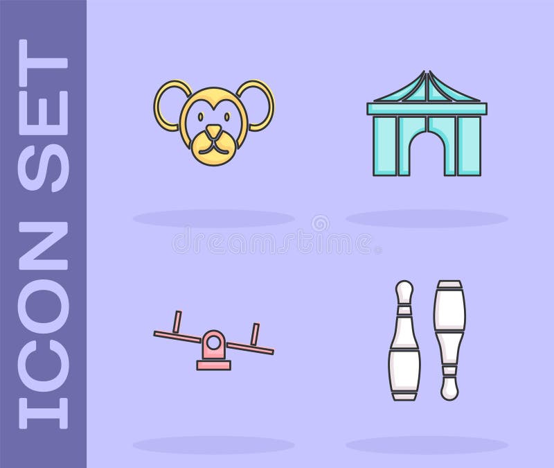 Set Bowling Pin, Monkey, Seesaw and Circus Tent Icon. Vector Stock ...