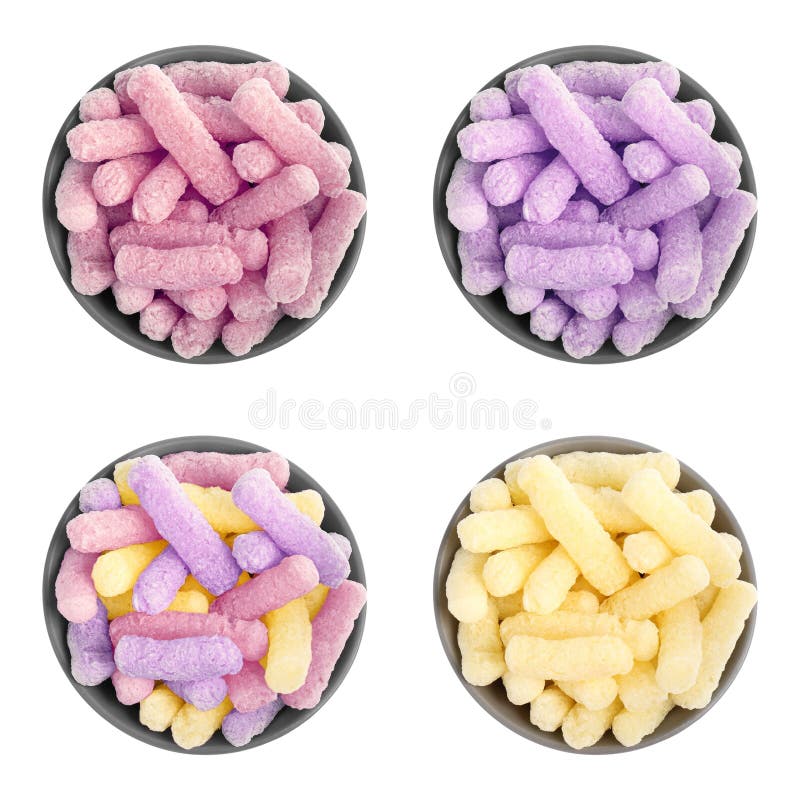 Set of Bowls with Colorful Corn Puffs on White Background, Top View ...