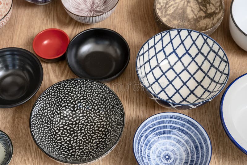 Set of Bowls of Different Colors Seen Stock Photo - Image of ...