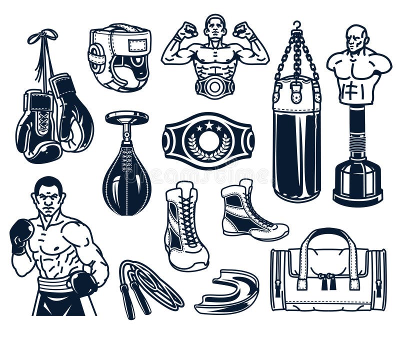 Set Boxing Icons Isolated on White. Stock Vector - Illustration of ...