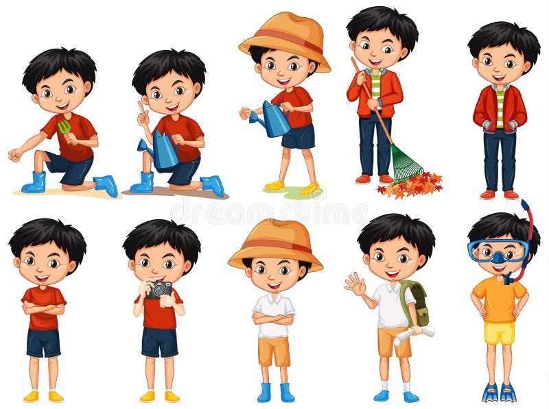 Set of Boy Doing Different Activities on Isolated Background Stock ...