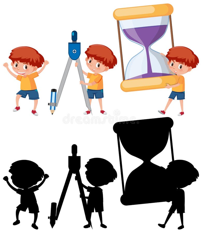 Set of a Boy Holding Different Math Tools with Silhouette Stock Vector ...