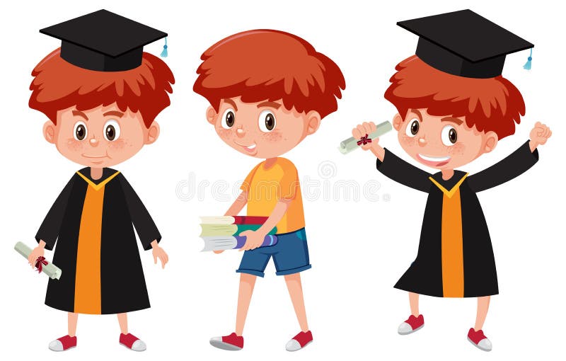 Set of a Boy Wearing Graduation Gown in Different Poses Stock Vector ...
