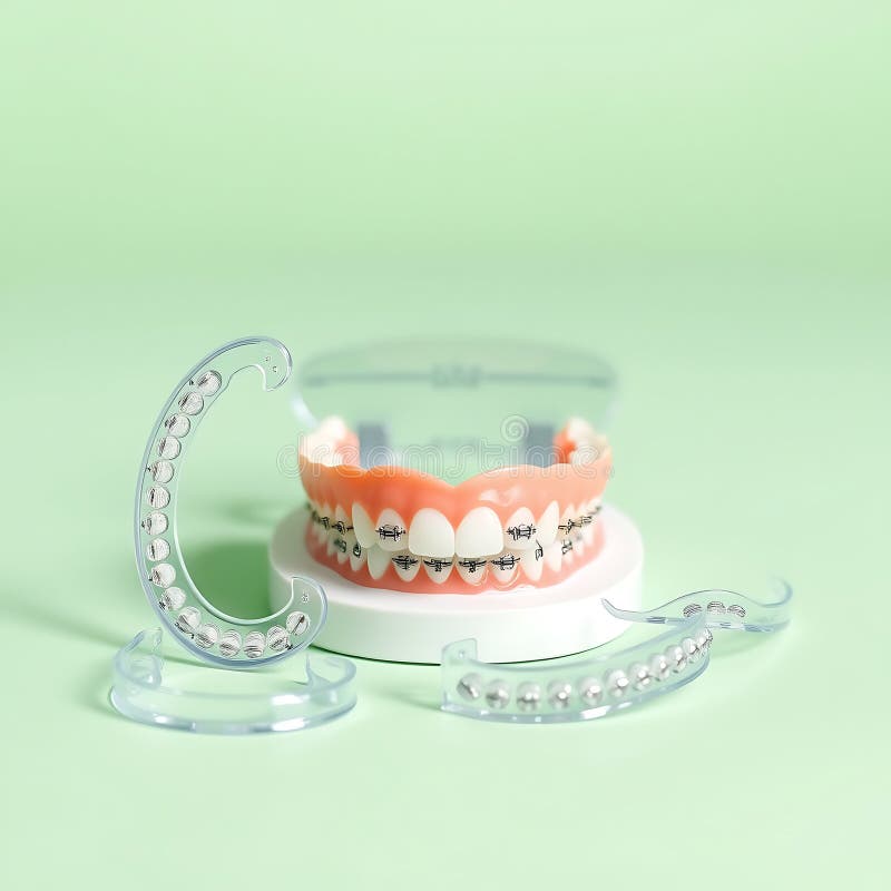 A Set of Braces and Aligners Displayed on a Pastel Green Backdrop Stock ...