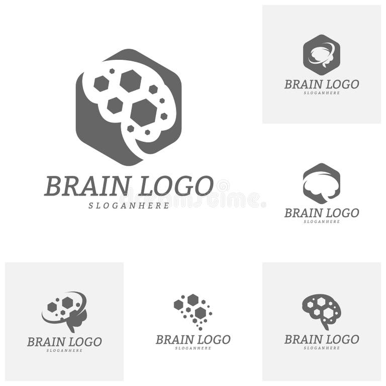 Set of Brain with Hexagon Logo Vector Template. Hexagon with Brain Mind ...
