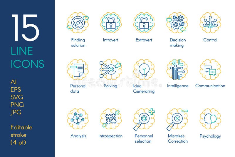 Set of Brain and Mental Activity Icons Thin Line Stock Illustration ...