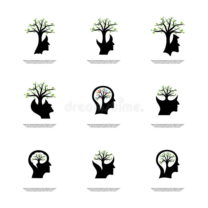 Set of Brain with Tree Logo Design Concept, People Head with Tree Logo ...