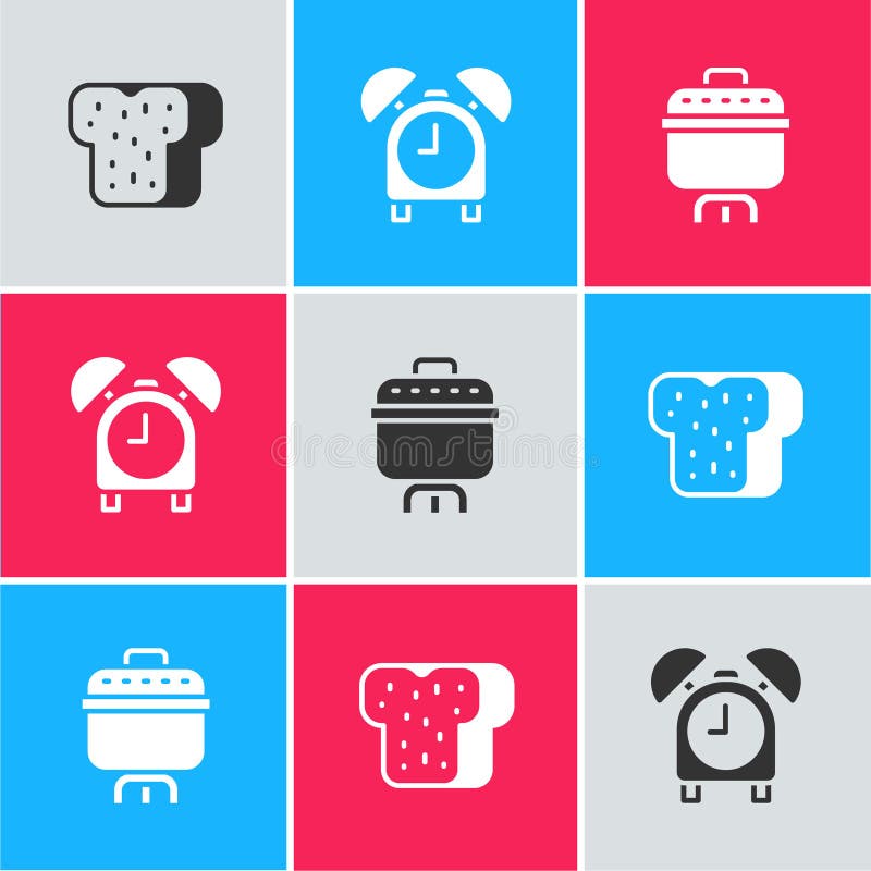 Set Bread Toast, Alarm Clock and Cooking Pot Icon Stock Vector ...