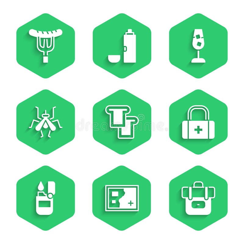 Set Bread Toast, Folded Map, Hiking Backpack, First Aid Kit, Lighter ...