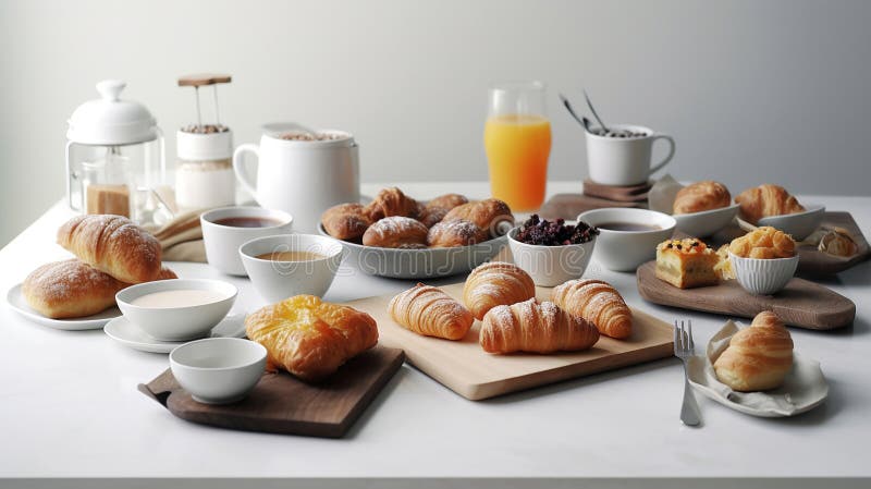 Set of Breakfast Food or Bakery and Coffee on Table Kitchen Background ...