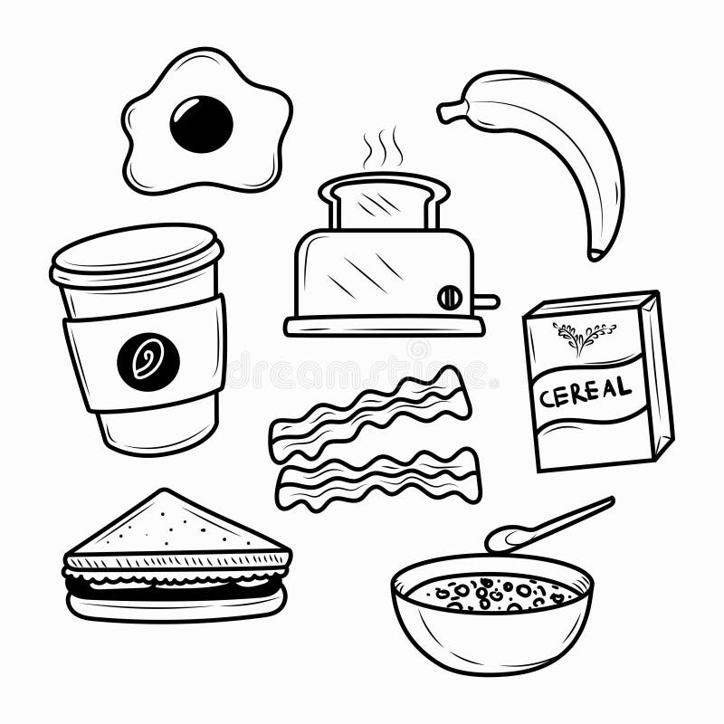 Set of Breakfast Foods Vector Illustration with Doodle Drawing Style ...