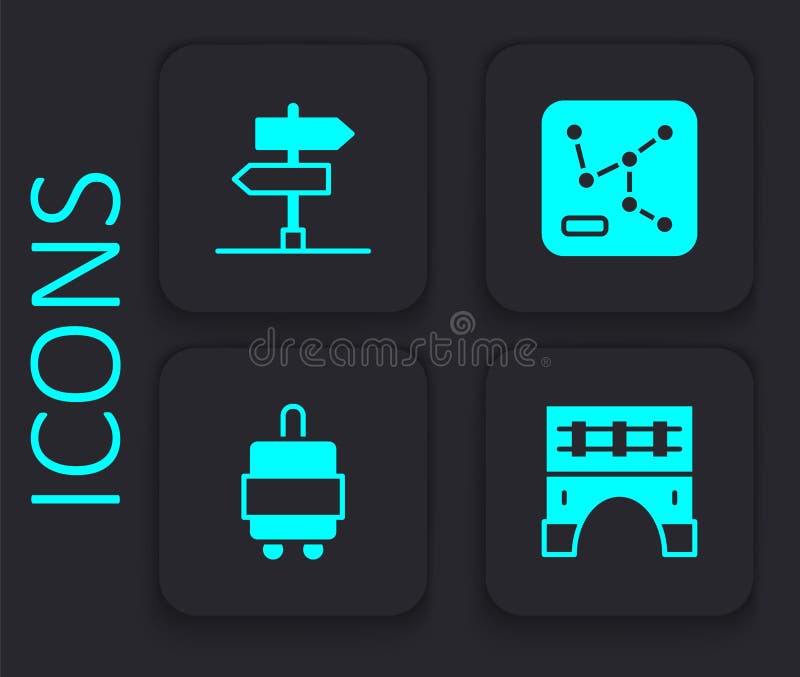 Set Bridge for Train, Road Traffic Sign, Railway Map and Suitcase Icon ...