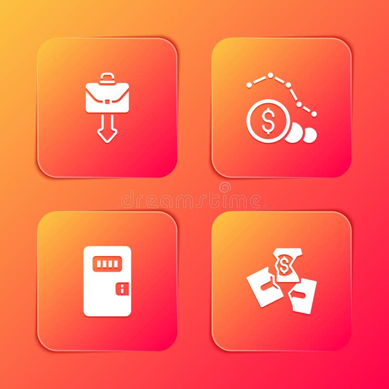 Set Briefcase, Dollar Rate Decrease, Prison Cell Door and Tearing Money Banknote Icon. Vector ...