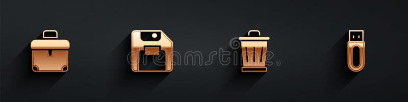 Set Briefcase, Floppy Disk, Trash Can and USB Flash Drive Icon with ...