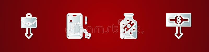 Set Briefcase, Mobile Stock Trading, Glass Money Jar with Coin and Dollar Rate Decrease Icon ...