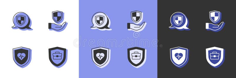 Set Briefcase with Shield, Shield, Life Insurance and Hand Icon. Vector ...