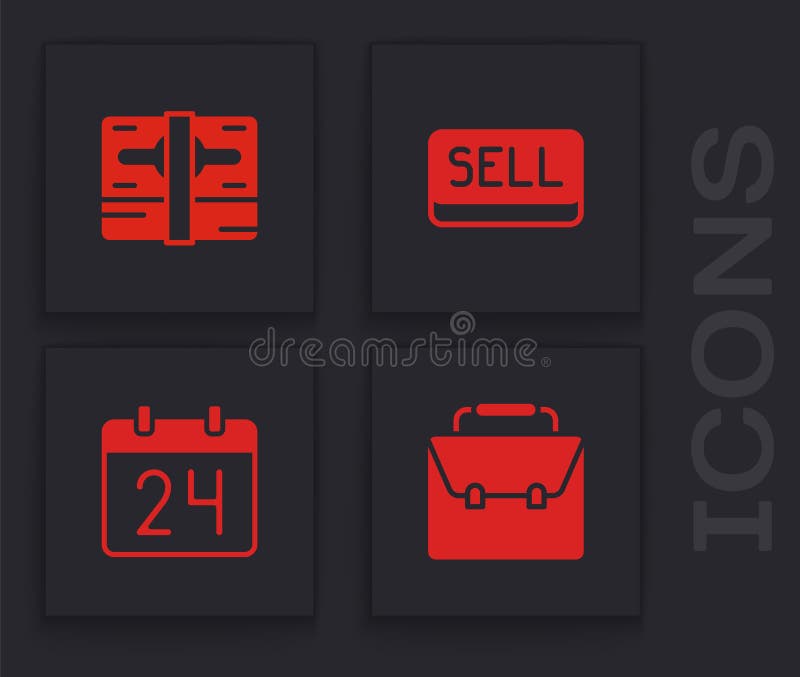 Set Briefcase, Stacks Paper Money Cash, Sell Button and Calendar Icon ...