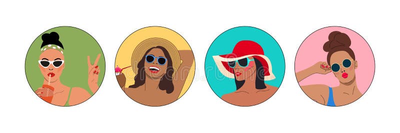 Set of Bright Avatars of Summer Girls on Vacation Stock Vector ...
